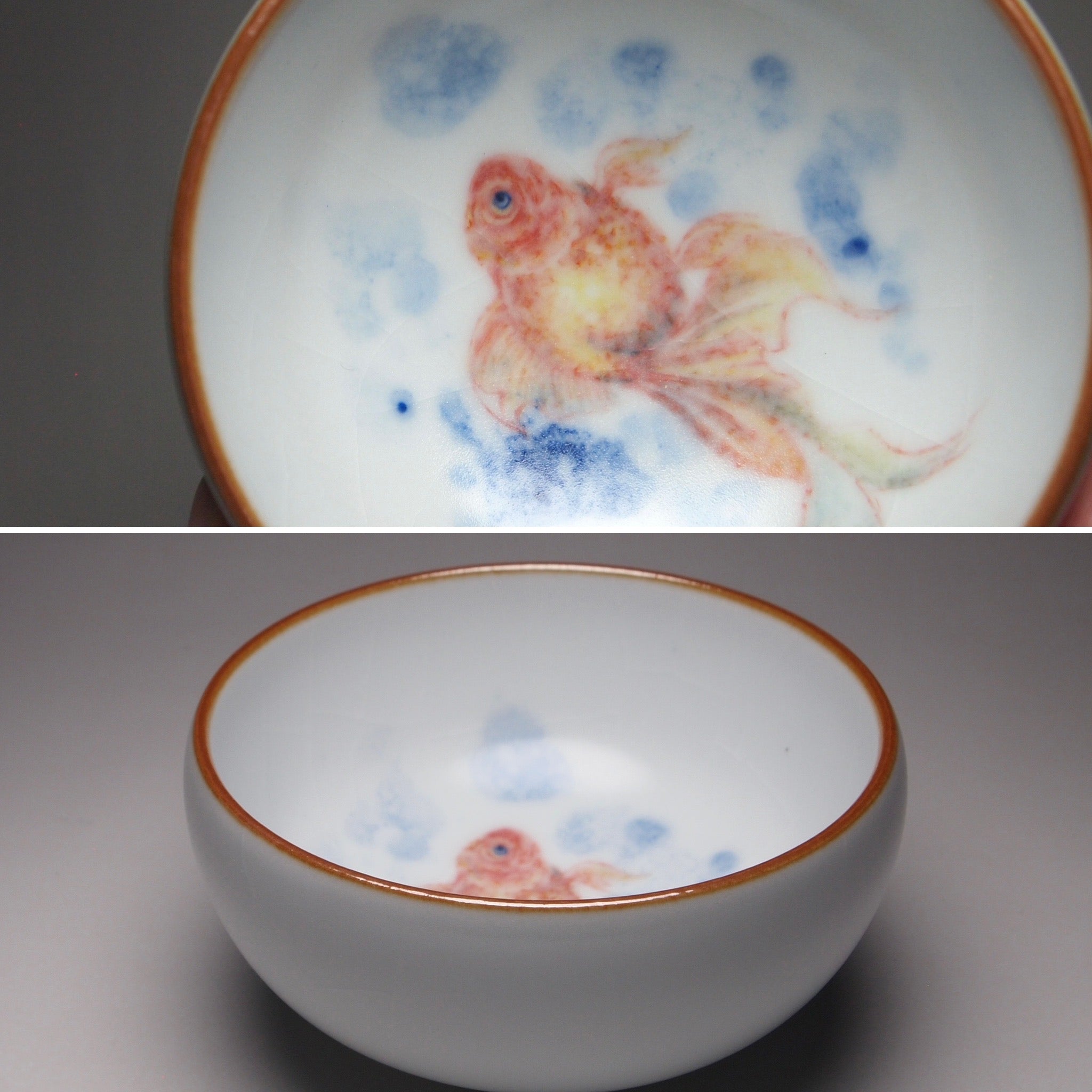 110ml Hand Painted Goldfish Moon White Ruyao Teacup 汝窑月白金鱼杯 – MudandLeaves